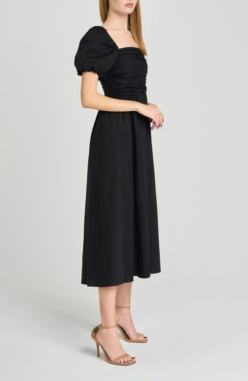 WAYF Lucy Ruched Puff Sleeve Midi Dress - Black