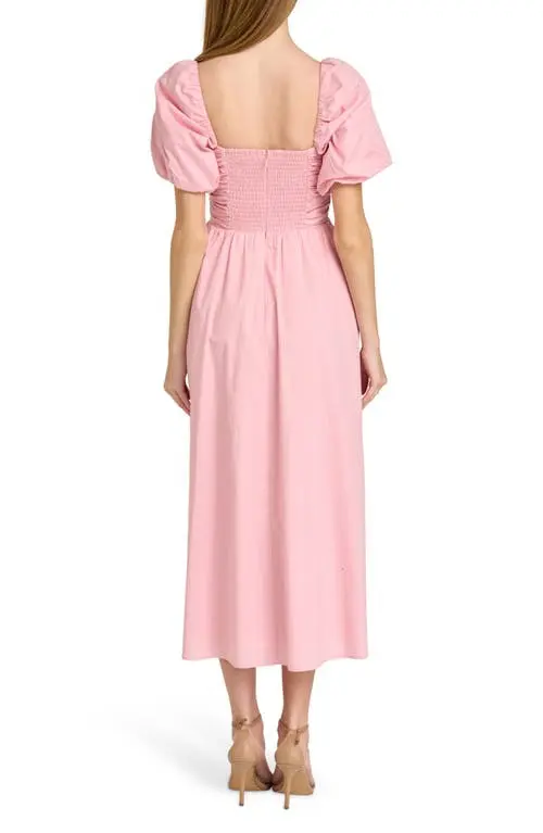 WAYF Lucy Ruched Puff Sleeve Midi Dress - Pink