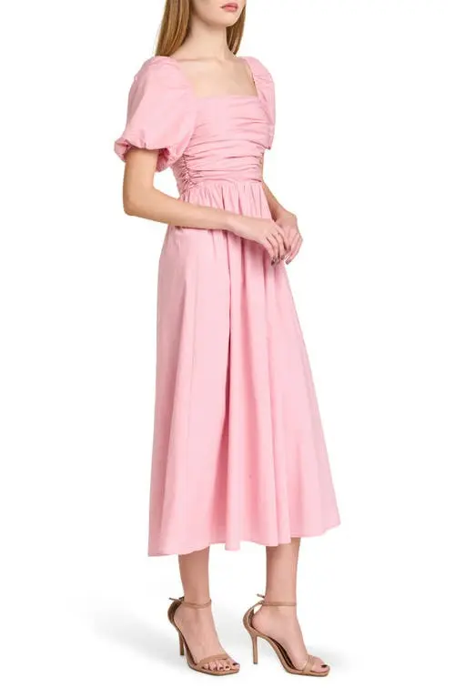 WAYF Lucy Ruched Puff Sleeve Midi Dress - Pink