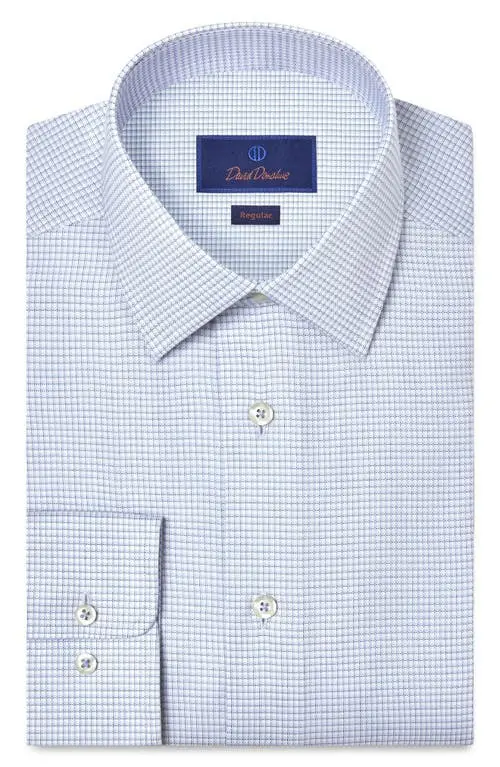 David Donahue Regular Fit Microcheck Cotton Dress Shirt - Sky