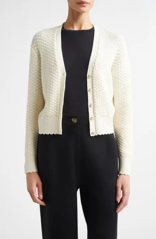St. John Perlé Crepe Wool Blend Cardigan - Ecru