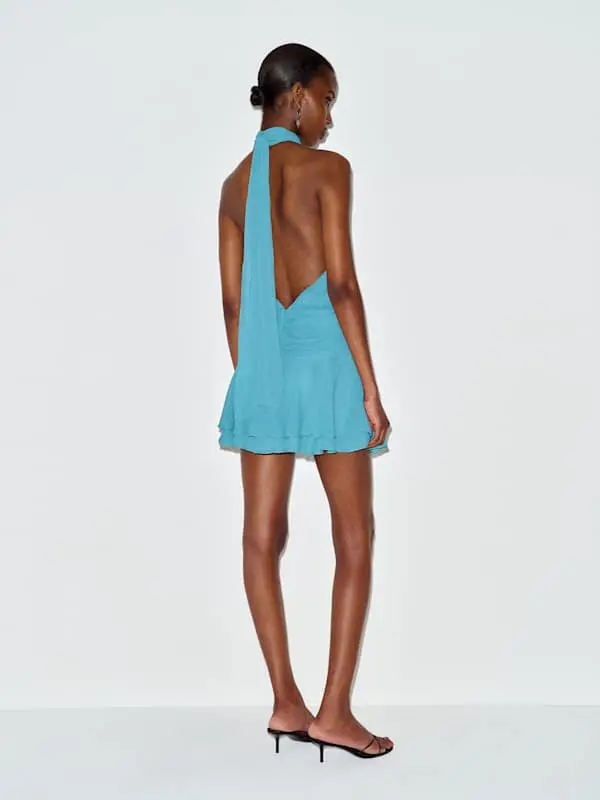 REFORMATION Halter Neck Mini Dress - Blue