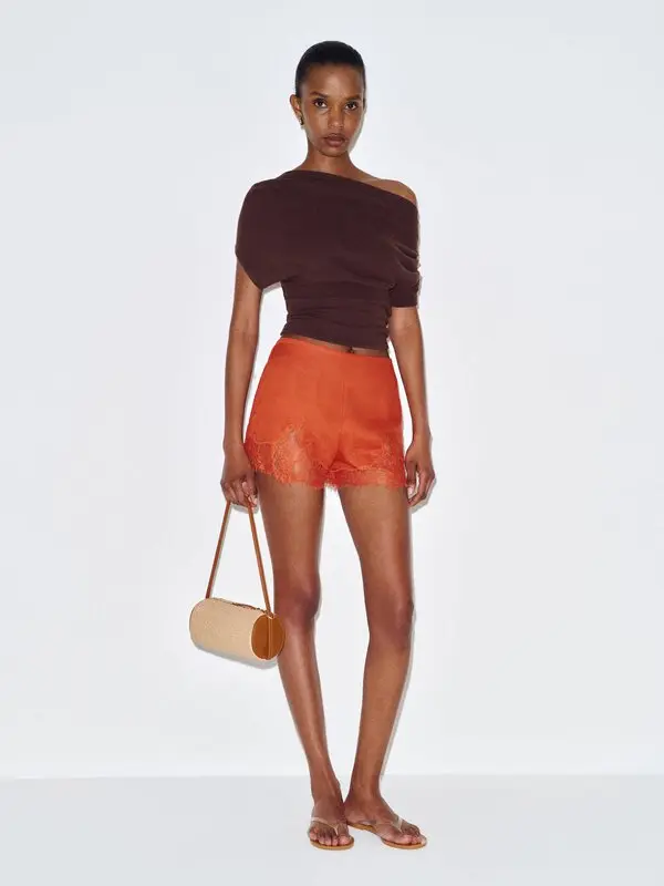 REFORMATION Fern Linen Shorts With Lace Hem - Red