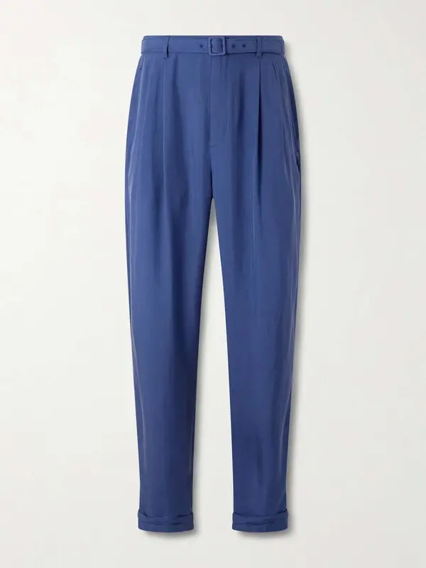 Saint Laurent Tapered Belted Pleated Silk Trousers - Blue