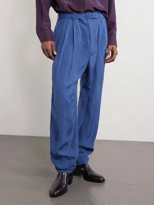 Saint Laurent Tapered Belted Pleated Silk Trousers