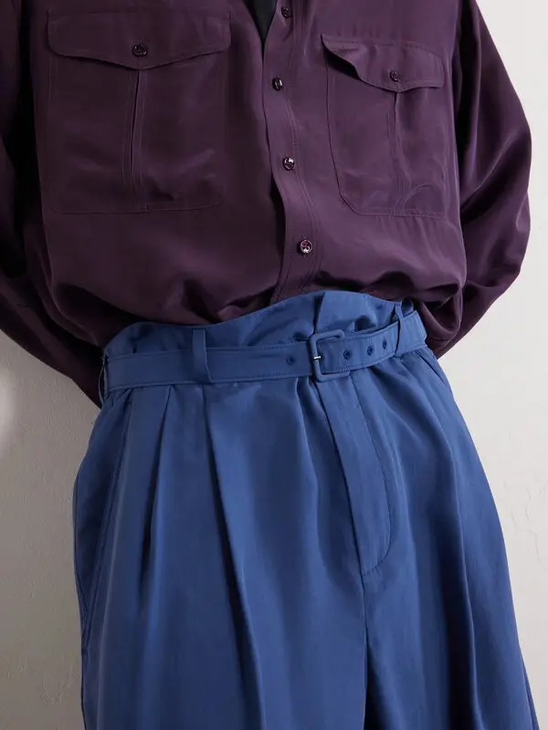 Saint Laurent Tapered Belted Pleated Silk Trousers