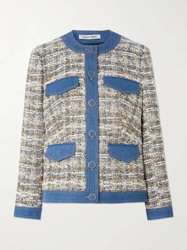 Veronica Beard Ainslie Denim-trimmed Cotton-blend Tweed Jacket - Blue
