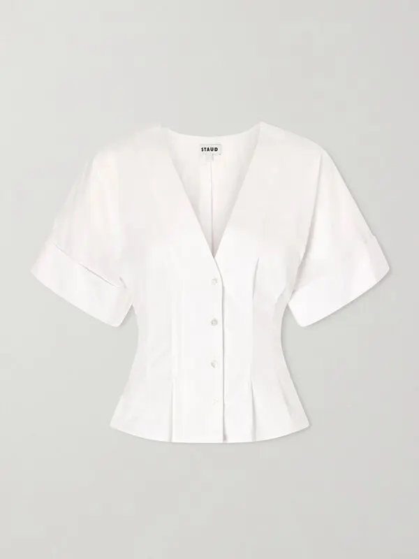 Staud Elle Pleated Cotton-blend Poplin Blouse