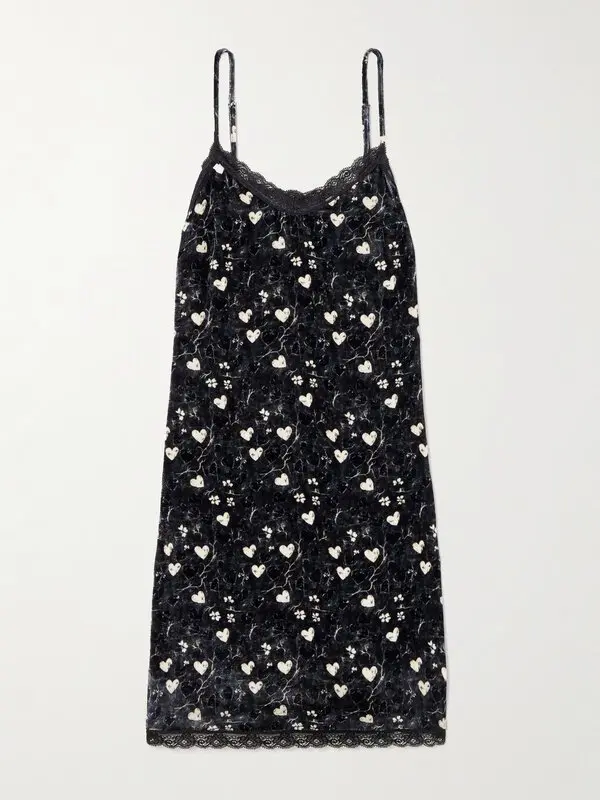 R13 Lace-trimmed Printed Velvet Mini Dress - Black