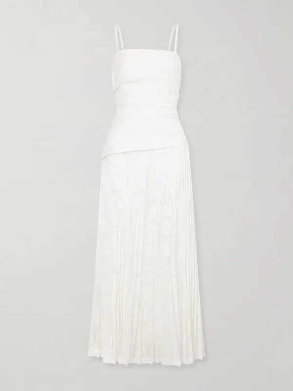 Simkhai Annalise Pleated Lace And Cotton-poplin Midi Dress - Neutrals