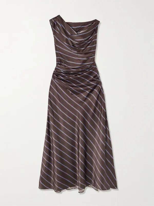 Staud Phare Draped Striped Stretch-silk Midi Dress - Brown