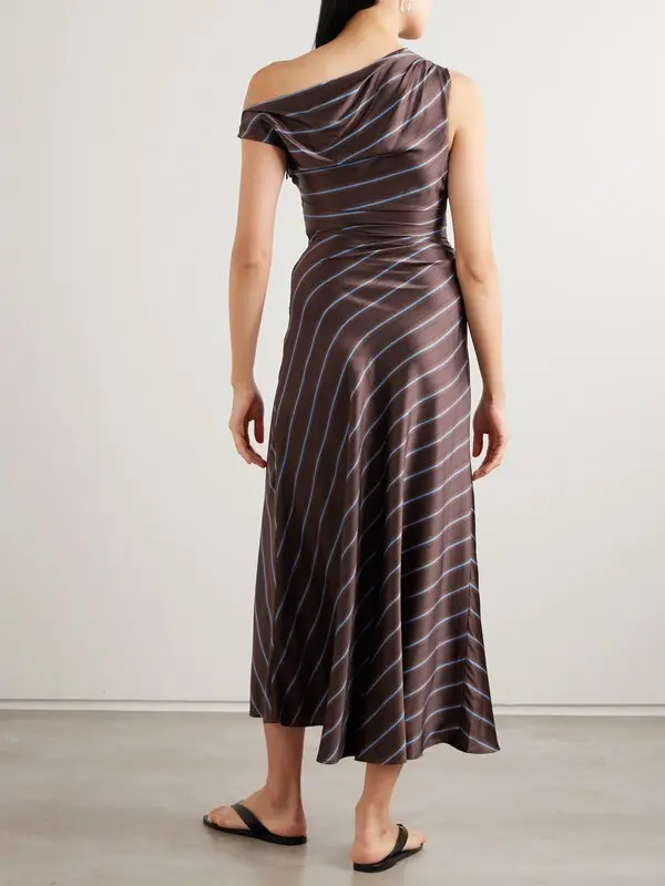Staud Phare Draped Striped Stretch-silk Midi Dress - Brown