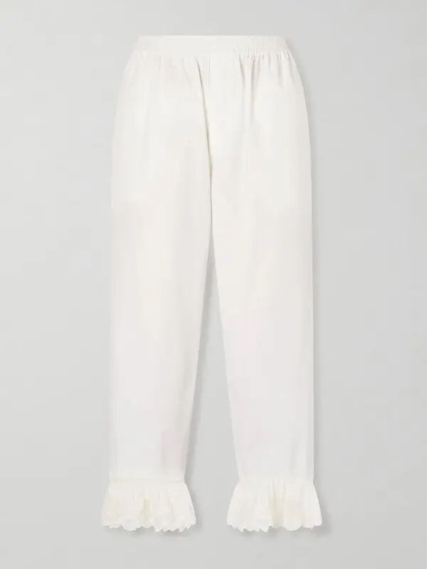 Saint Laurent Cropped Ruffled Lace-trimmed Cotton-poplin Straight-leg Pants - White