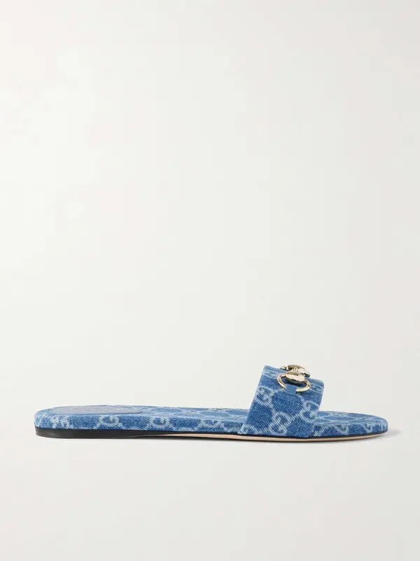 Gucci Horsebit-embellished Printed Denim Slides - Blue