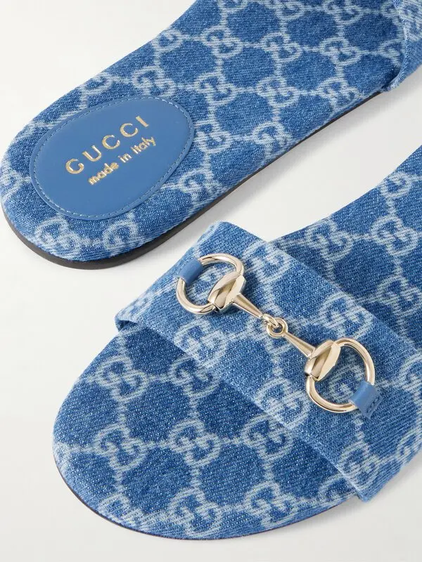 Gucci Horsebit-embellished Printed Denim Slides