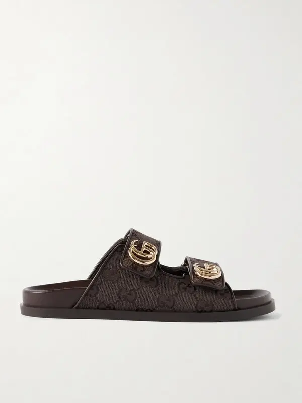Gucci Embellished Printed Canvas-jacquard Sandals - Brown