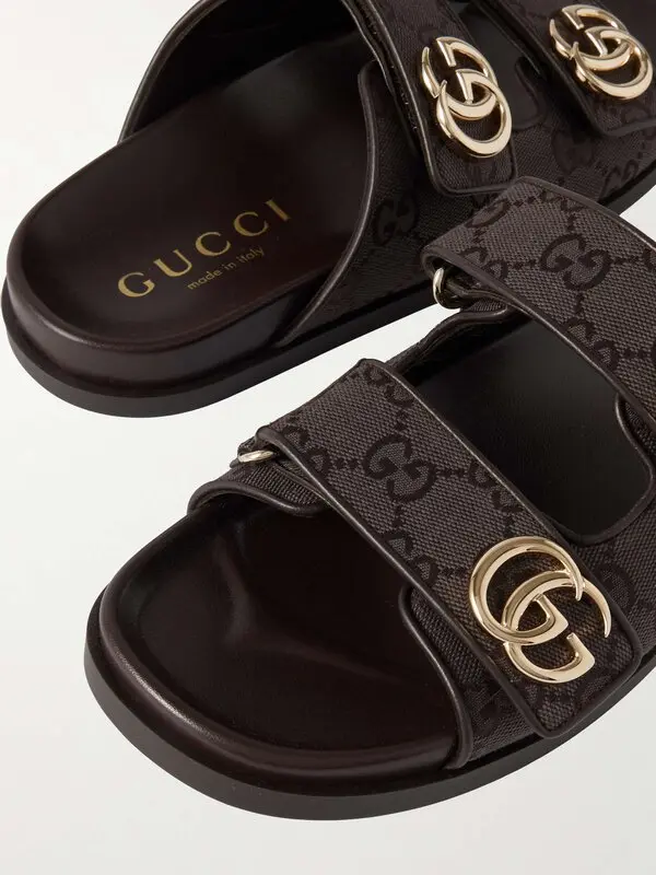 Gucci Embellished Printed Canvas-jacquard Sandals - Chocolate
