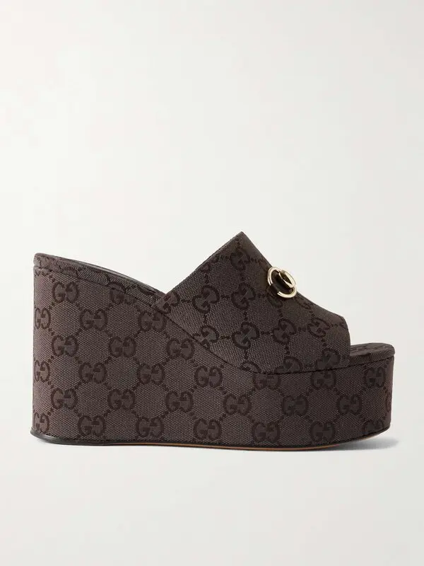Gucci Horsebit-embellished Canvas-jacquard Platform Mules - Chocolate