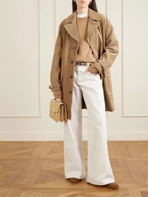 FRAME Belted Suede Trench Coat - Camel