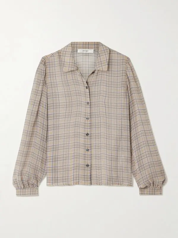 FRAME The Plaid Staple Gathered Silk-chiffon Shirt - Neutrals