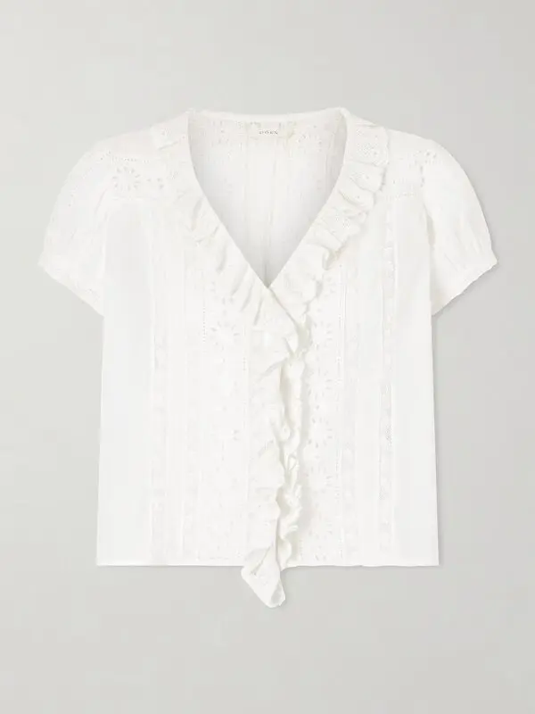 DÔEN Clairette Cropped Ruffled Lace-trimmed Organic Cotton-voile Top - White