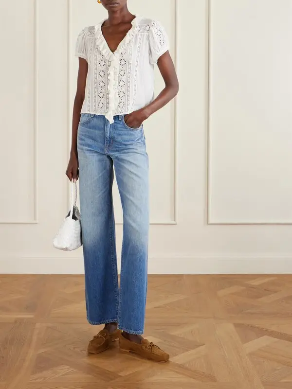 DÔEN Clairette Cropped Ruffled Lace-trimmed Organic Cotton-voile Top - White