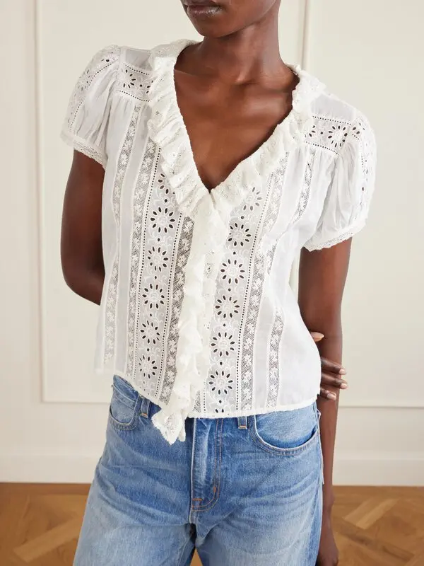 DÔEN Clairette Cropped Ruffled Lace-trimmed Organic Cotton-voile Top - White