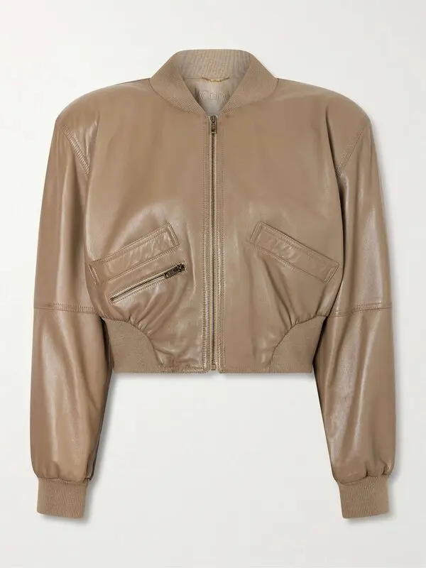 Chloé Cropped Leather Bomber Jacket - Beige