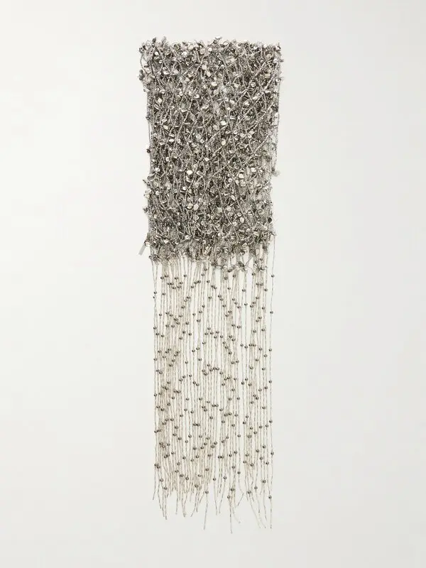 Dries Van Noten Fringed Embellished Beaded Scarf - Silver