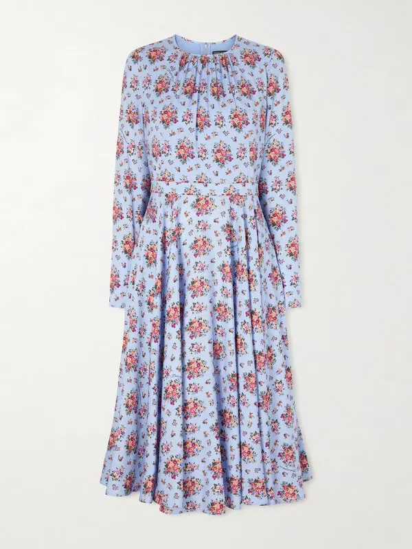 Dolce & Gabbana Belted Gathered Floral-print Silk-blend Midi Dress - Blue
