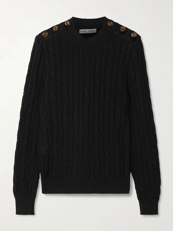 BLAZÉ MILANO Button-embellished Cable-knit Cotton Sweater - Black