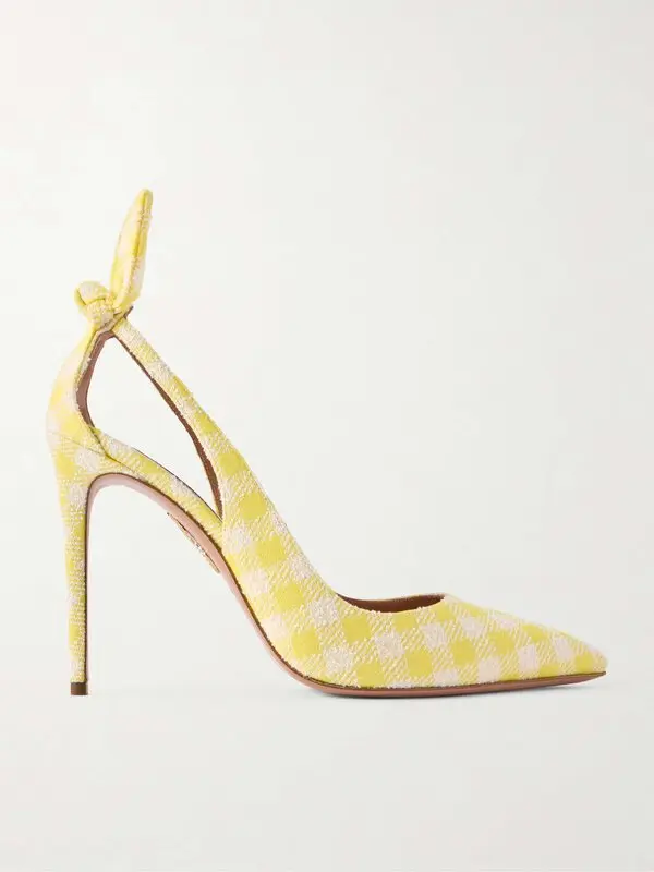AQUAZZURA Bow Tie 105 Cutout Checked Jacquard Pumps - Yellow