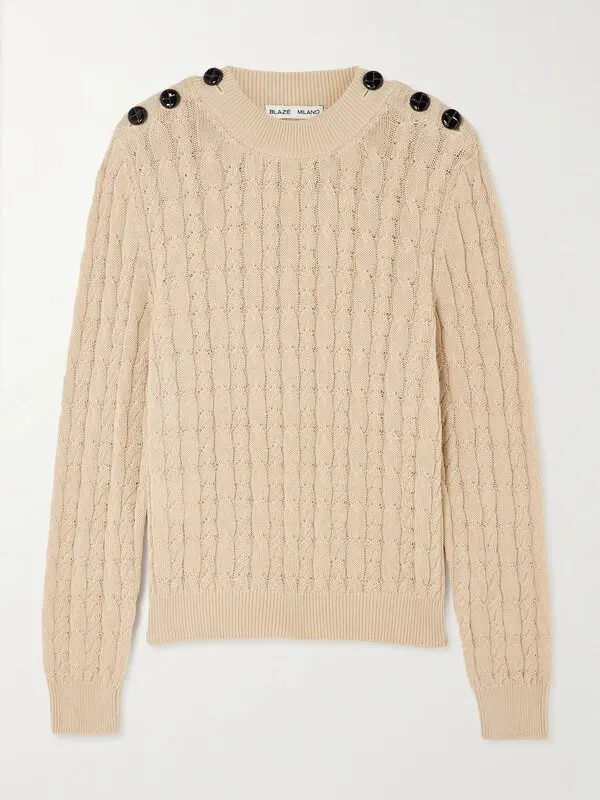 BLAZÉ MILANO Button-embellished Cable-knit Cotton Sweater - Neutrals