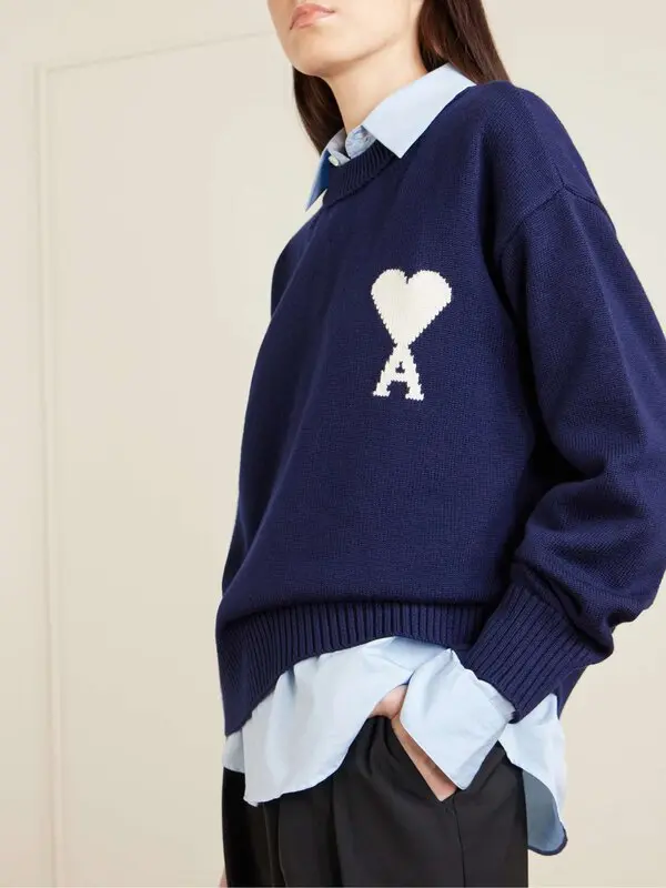 Ami Intarsia Wool And Cotton-blend Sweater - Midnight Blue