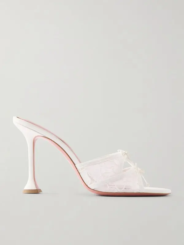 Amina Muaddi Eleonora Bow-detailed Lace And Leather Mules - Neutrals