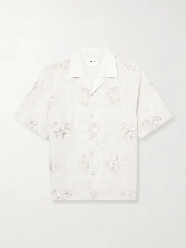 Nn07 Ben 50049 Camp-collar Embroidered Organic Cotton-poplin Shirt - Neutrals