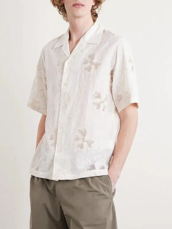 Nn07 Ben 50049 Camp-collar Embroidered Organic Cotton-poplin Shirt - Neutrals
