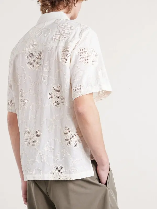 Nn07 Ben 50049 Camp-collar Embroidered Organic Cotton-poplin Shirt - Neutrals