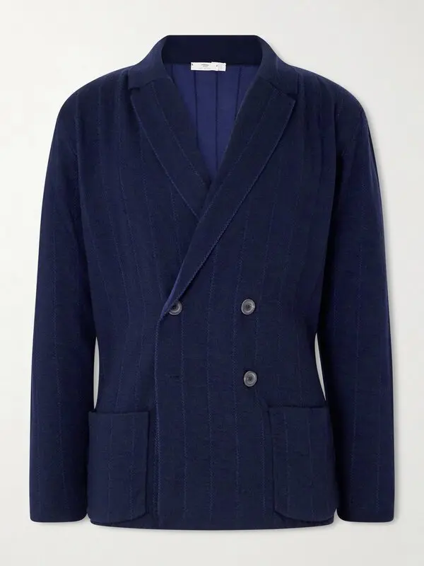 Inis Meáin Double-breasted Striped Wool, Cashmere And Cotton-blend Blazer - Blue