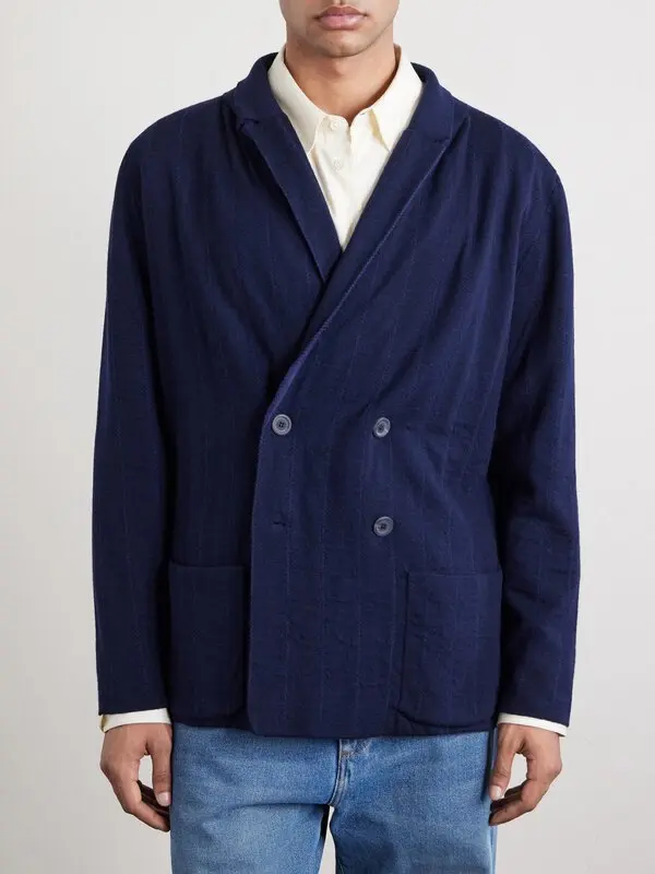 Inis Meáin Double-breasted Striped Wool, Cashmere And Cotton-blend Blazer