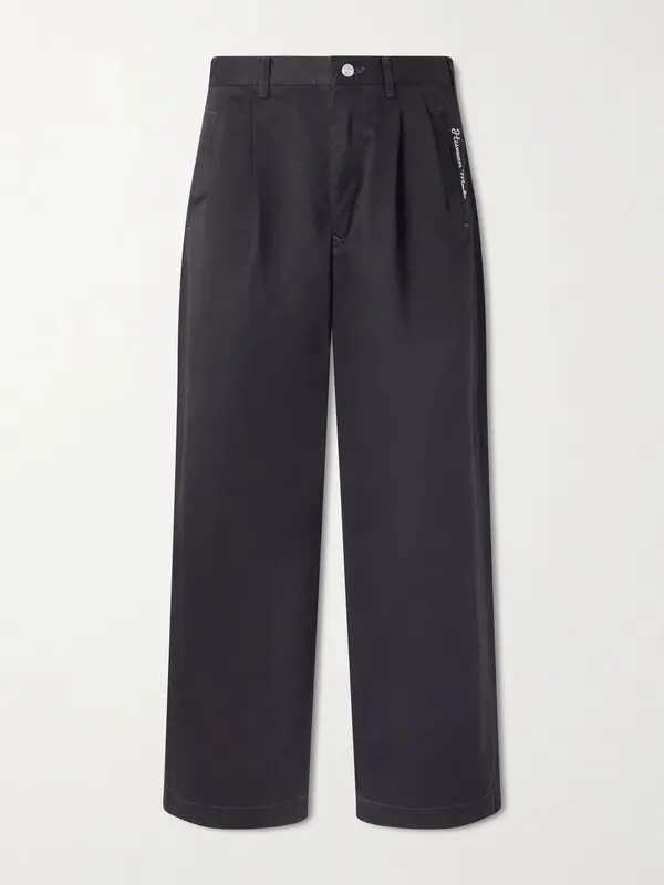 HUMAN MADE Wide-leg Logo-embroidered Pleated Cotton-twill Chinos - Black