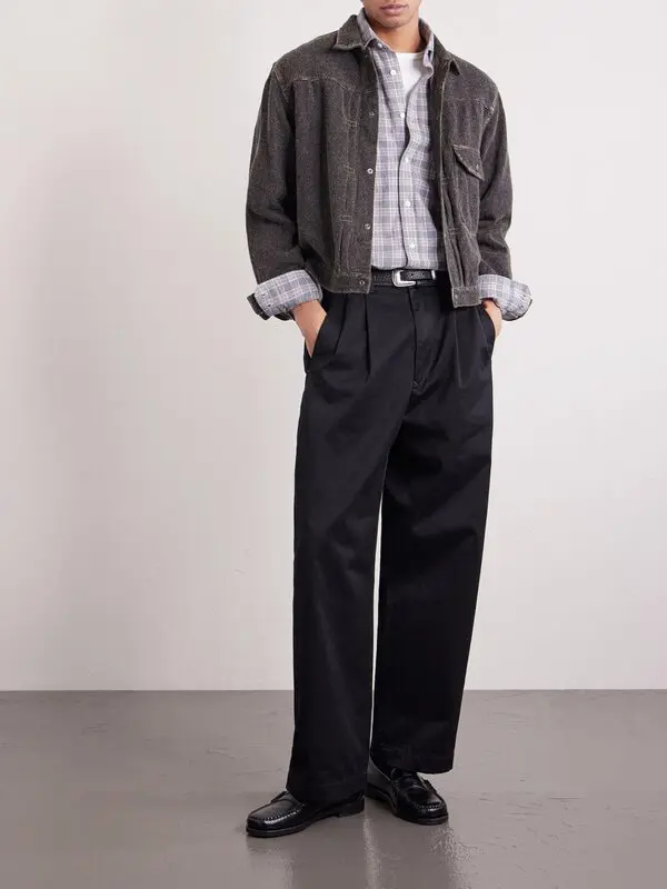 HUMAN MADE Wide-leg Logo-embroidered Pleated Cotton-twill Chinos - Black