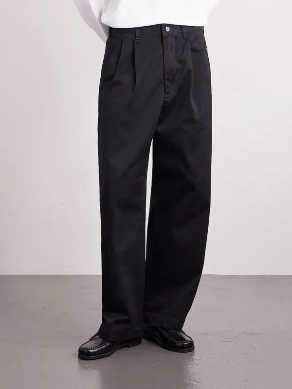 HUMAN MADE Wide-leg Logo-embroidered Pleated Cotton-twill Chinos - Black