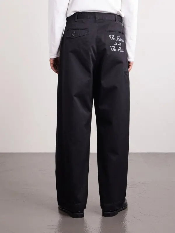 HUMAN MADE Wide-leg Logo-embroidered Pleated Cotton-twill Chinos - Black