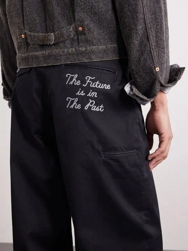 HUMAN MADE Wide-leg Logo-embroidered Pleated Cotton-twill Chinos - Black