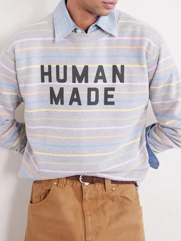 HUMAN MADE Logo-print Striped Cotton-jersey Sweatshirt - Gray
