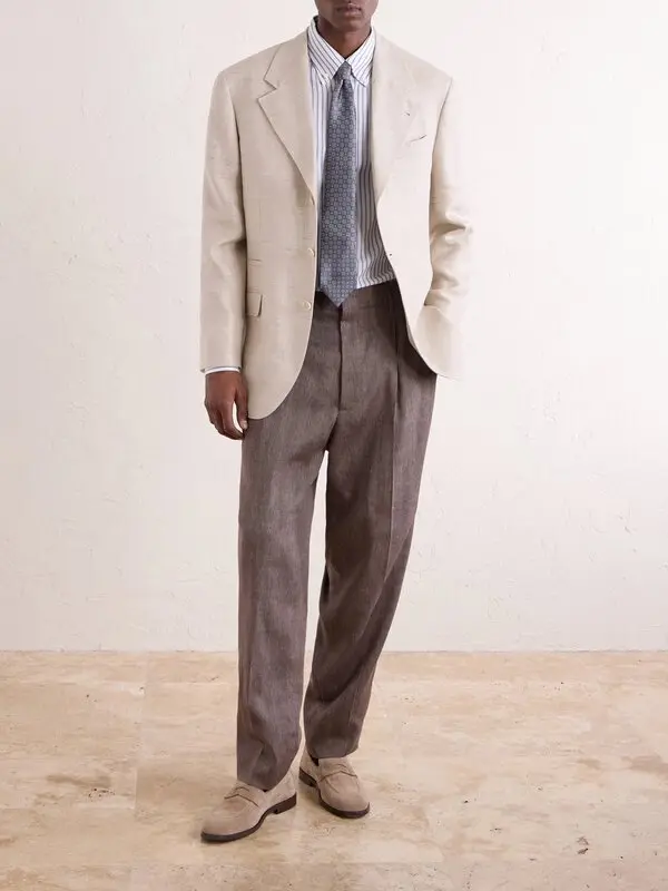 Brunello Cucinelli Straight-leg Pleated Linen And Wool-blend Trousers - Brown