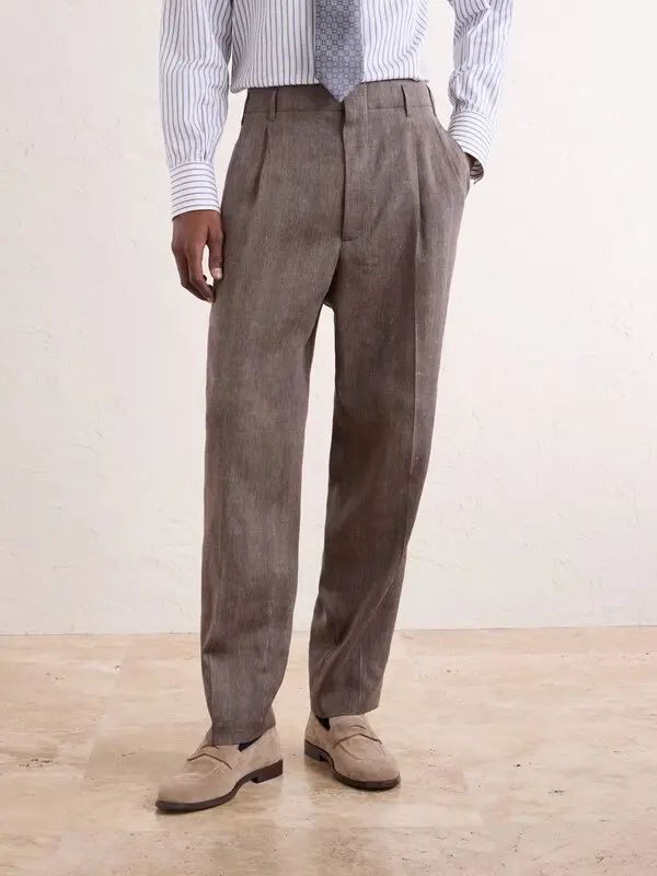 Brunello Cucinelli Straight-leg Pleated Linen And Wool-blend Trousers - Brown