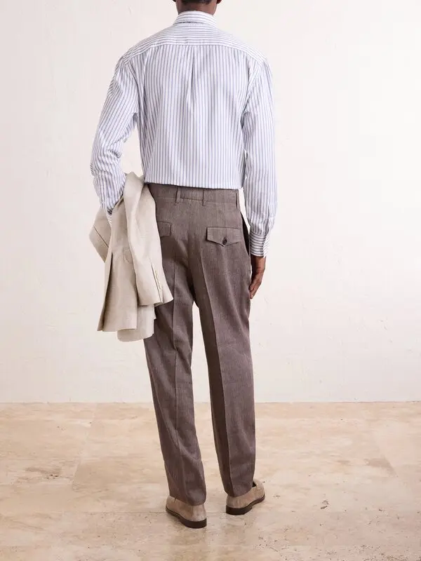 Brunello Cucinelli Straight-leg Pleated Linen And Wool-blend Trousers - Brown