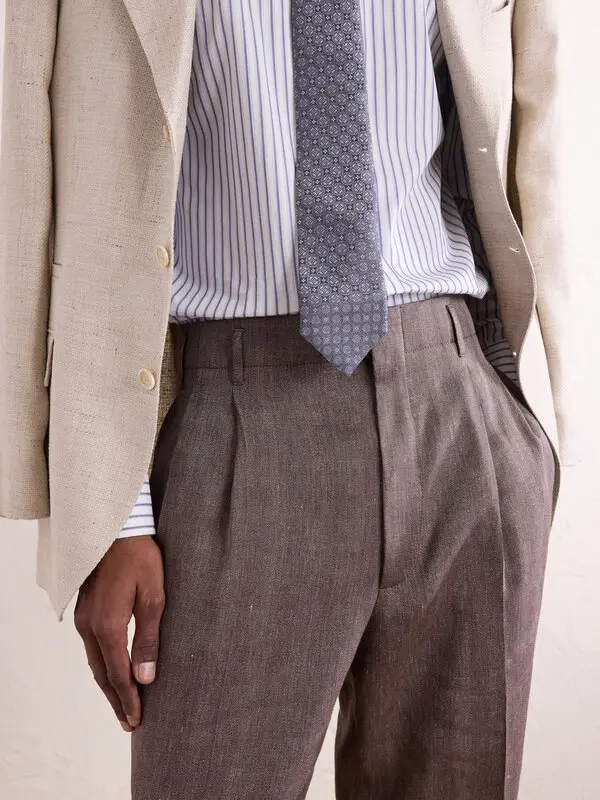 Brunello Cucinelli Straight-leg Pleated Linen And Wool-blend Trousers - Brown